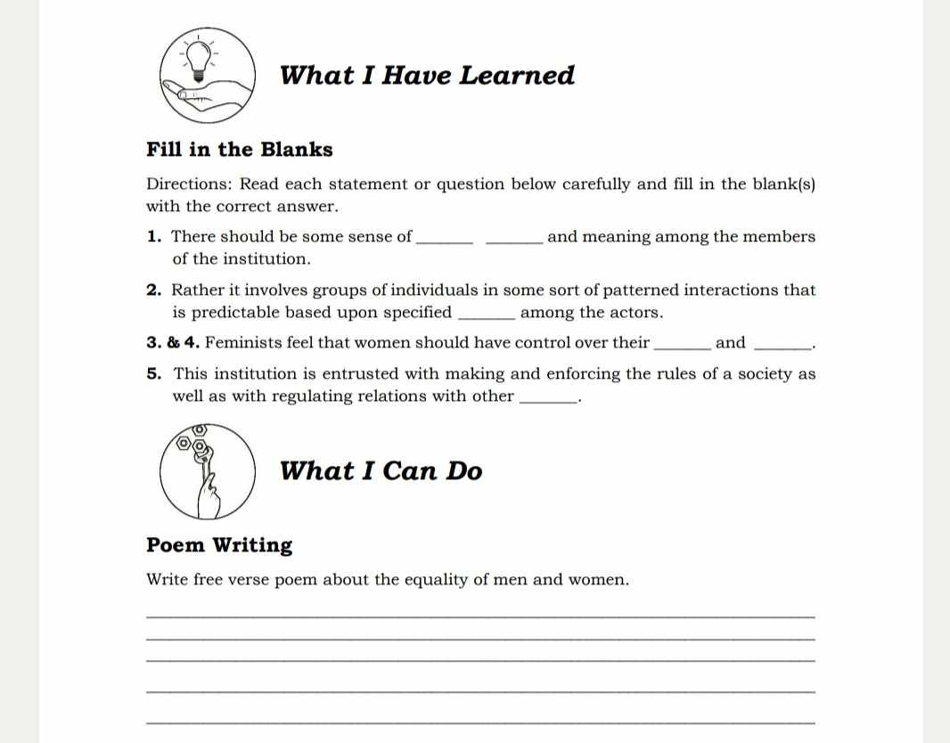 SOLVED: What I Have Learned Fill in the Blanks Directions: Read each statement or question below ...