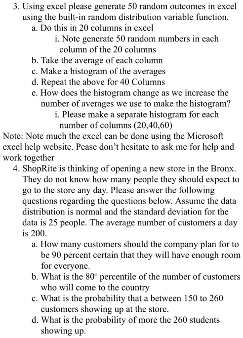 3. Using excel please generate 50 random outcomes in excel using the ...