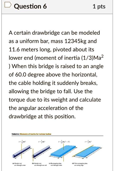 SOLVED: A certain drawbridge can be modeled as a uniform bar; mass ...