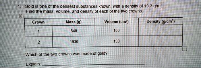 gold is one ofiithe densest substances known with a density 0f 193 glm ...