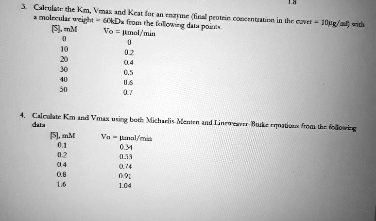 SOLVED: Calculate the Km, Vmax, and Kcat for a molecular weight enzyme ...
