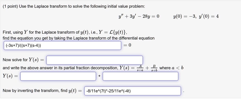 (1 point) Use the Laplace transform to solve the following initial value problem: y+̈ 3y' - 28y ...