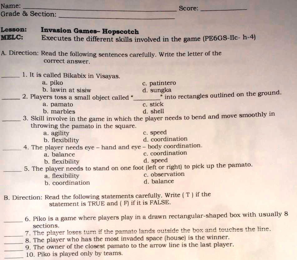 Name: Grade Section: Lesson: MELC: Invasion Games- Hopscotch Score ...