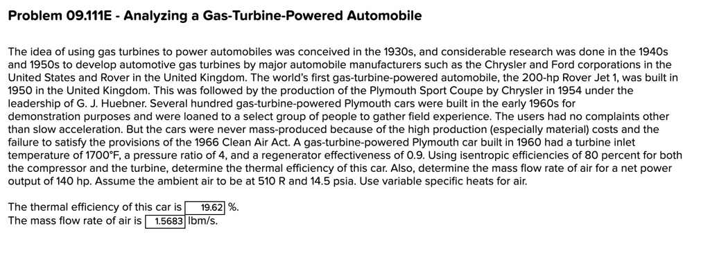 SOLVED: Problem 09.111E - Analyzing a Gas-Turbine-Powered Automobile ...