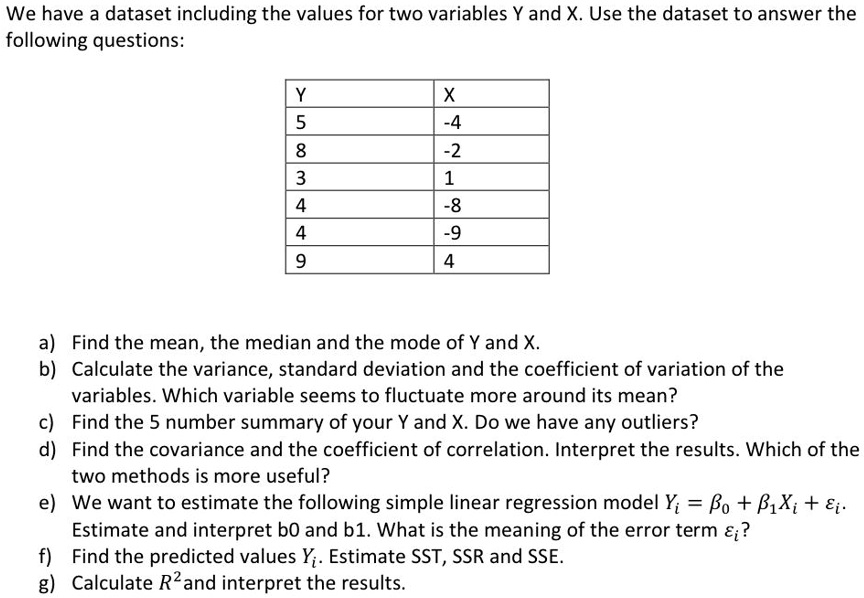 SOLVED: We have a dataset including the values for two variables Y and ...
