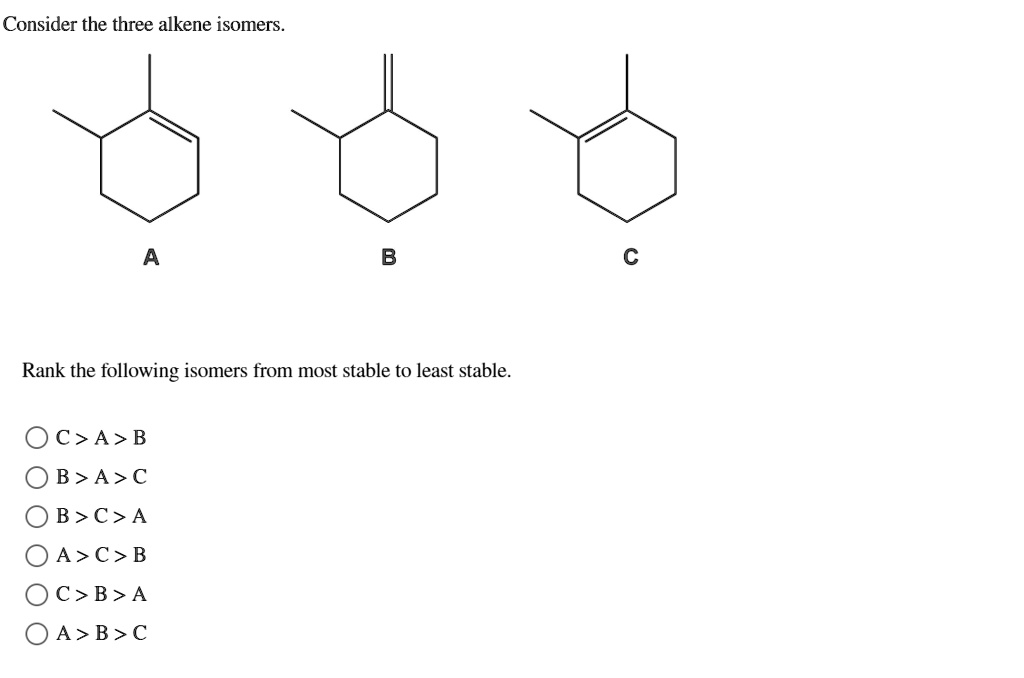Consider the three alkene isomers. A B Rank the following isomers from most stable to least ...