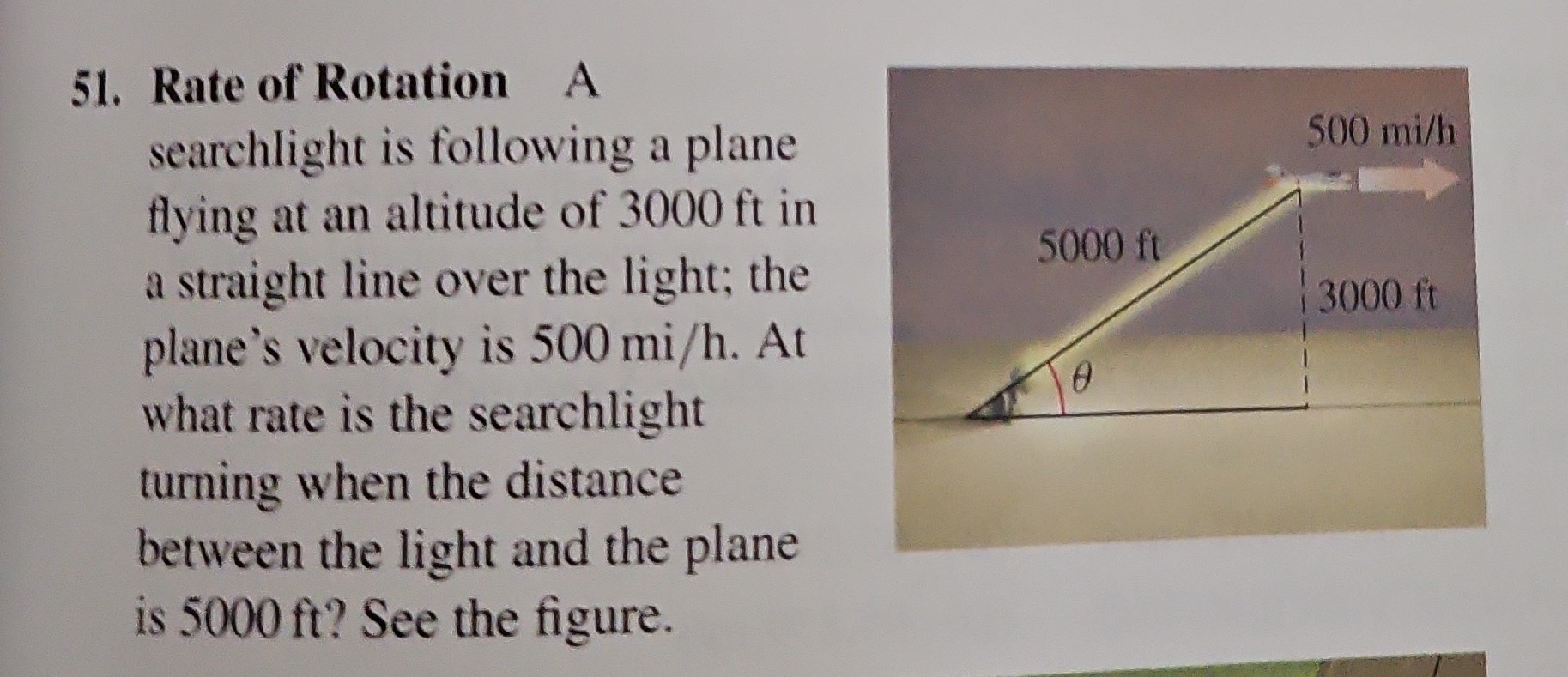 51. Rate of Rotation A searchlight is following a plane flying at an ...