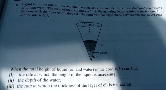Liquid is poured into of oil and water the inverted circular...