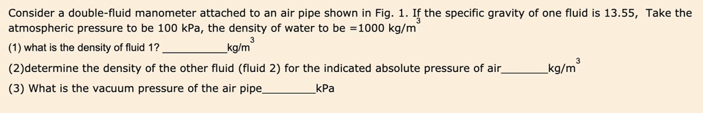 consider a double fluid manometer attached to an air pipe shown in fig 1if the specific gravity ...