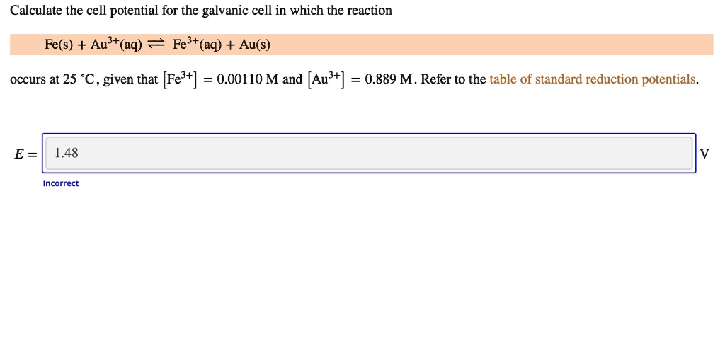 SOLVED:Calculate the cell potential for the galvanic cell in which the ...