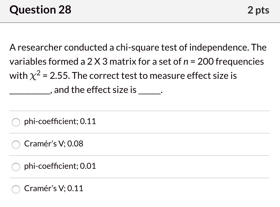 SOLVED: Question 28 2 pts A researcher conducted a chi-square test of ...