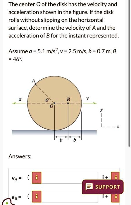 SOLVED: The center Oof the disk has the velocity and acceleration shown in the figure.If the ...