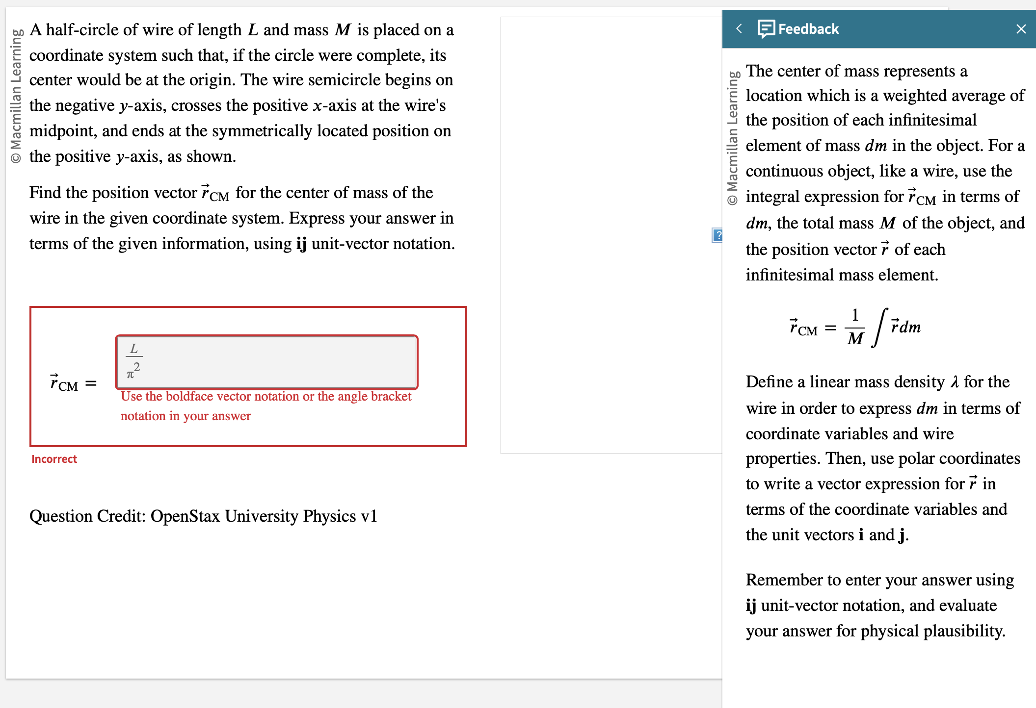 A half-circle of wire of length L and mass M is placed on a coordinate system such that, if the ...