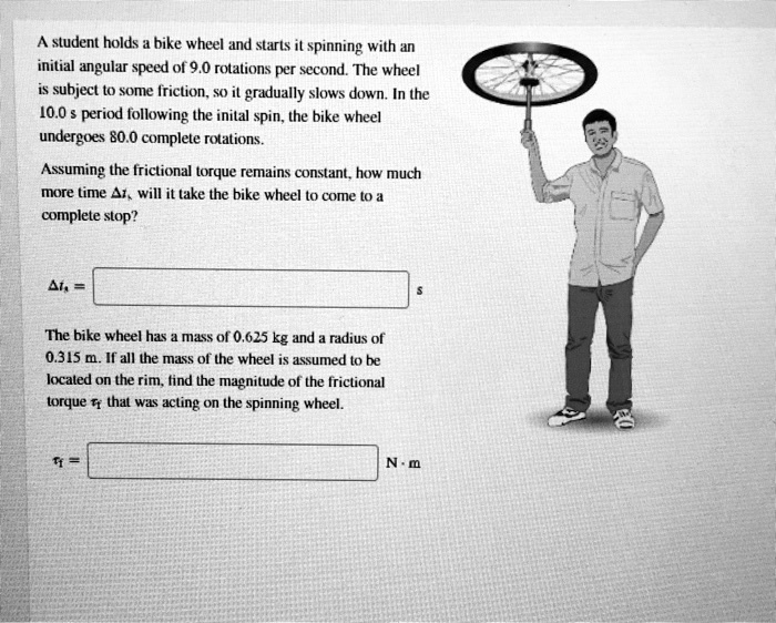 A student holds a bike wheel and starts it spinning with an initial ...