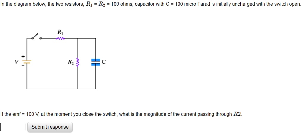 in the diagram below the two resistors r1 rz 100 ohms capacitor with 100 micro farad is ...