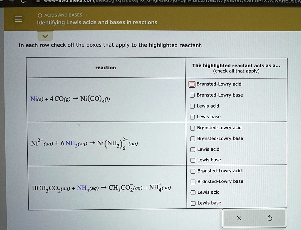 SOLVED: Texts: ACIDS AND BASES: Identifying Lewis acids and bases in reactions In each row ...
