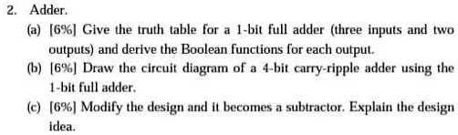 SOLVED: 2. Adder. a. Give the truth table for a 1-bit full adder (three ...
