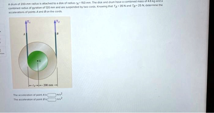 SOLVED: A drum of 200-mm radius is attached to a disk of radius rA150 ...