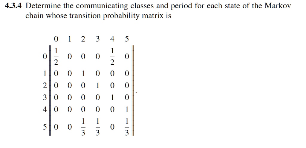 SOLVED: 4.3.4 Determine the communicating classes and period for each state of the Markov chain ...