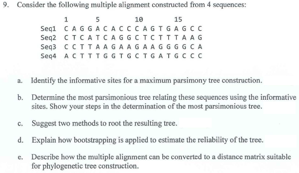 SOLVED: 9. Consider the following multiple alignment constructed from 4 ... SOLVED: 9. Consider the following multiple alignment constructed from 4 ...