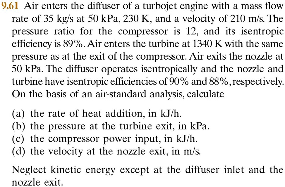 SOLVED: 9.61 Air enters the diffuser of a turbojet engine with a mass ...