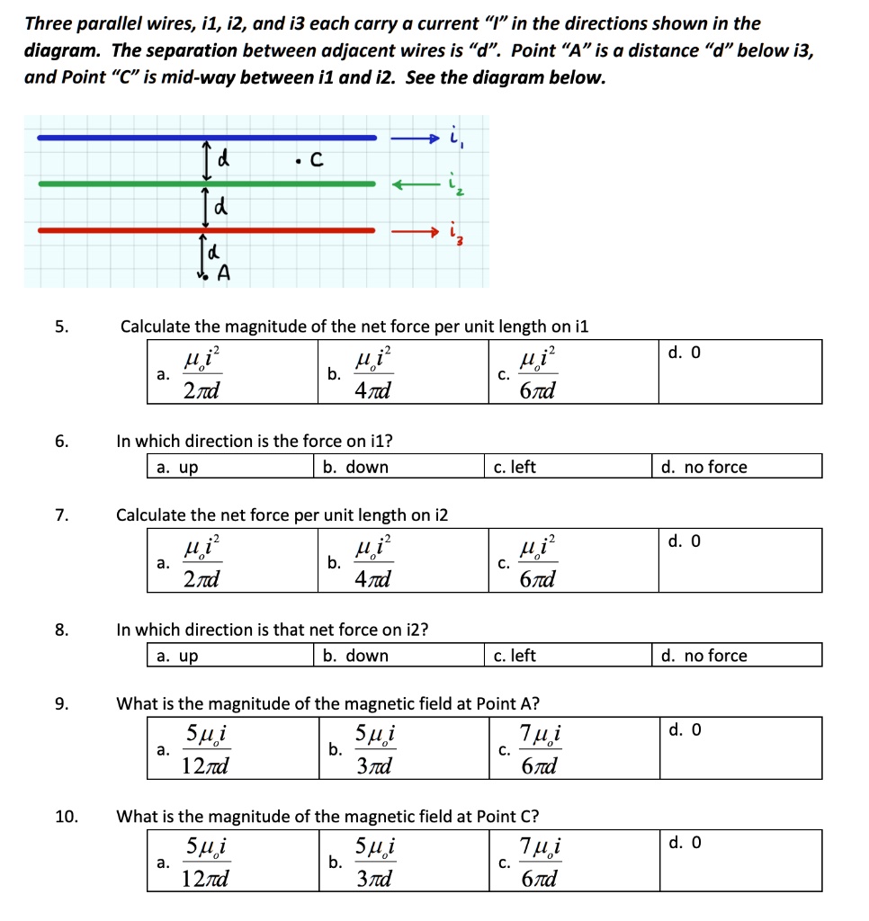 three parallel wires i112 and i3 each carry a current in the directions ...