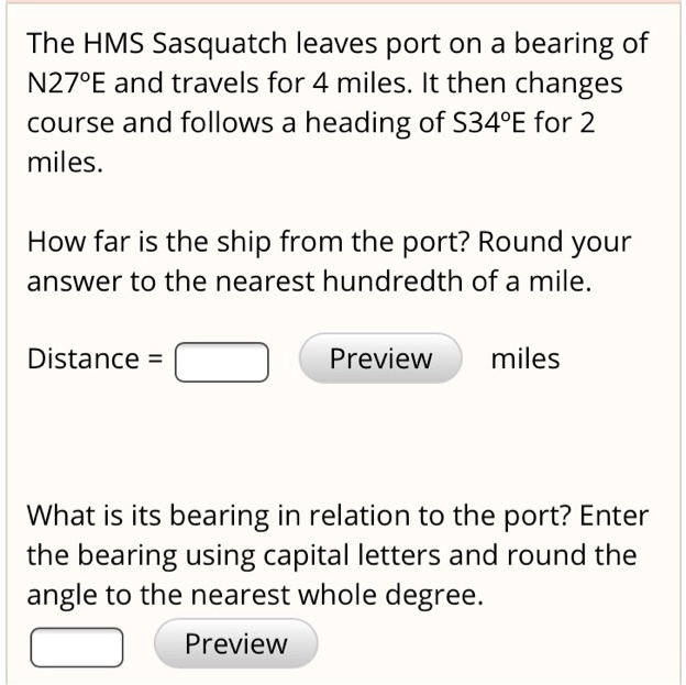the hms sasquatch leaves port on bearing of n27pe and travels for 4 ...