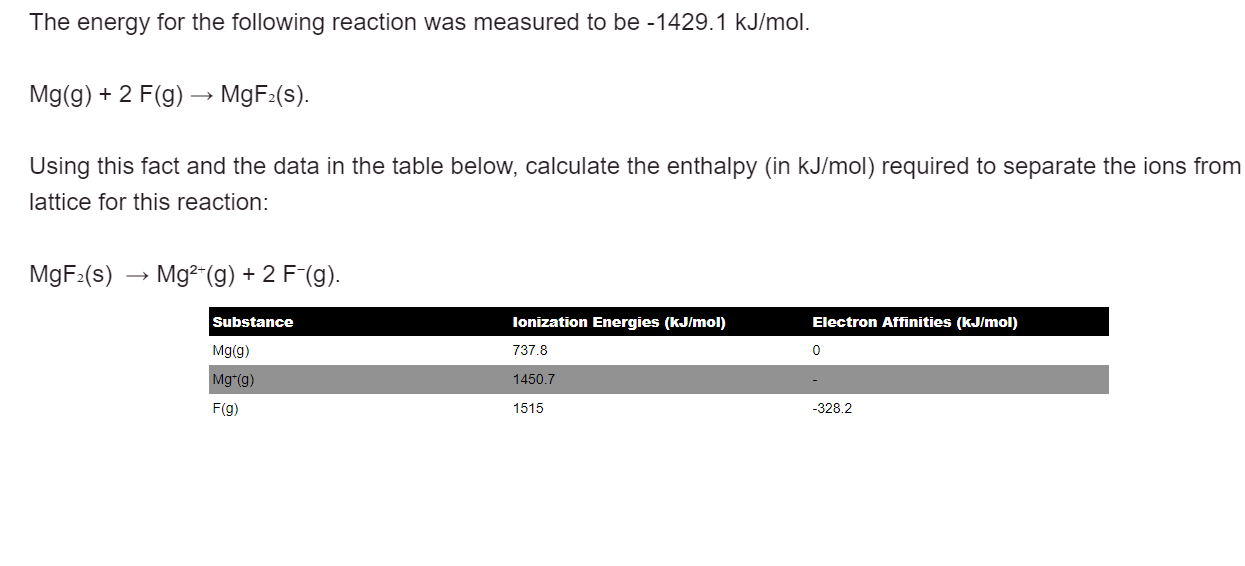 The energy for the following reaction was measured to be -1429.1 kJ ...