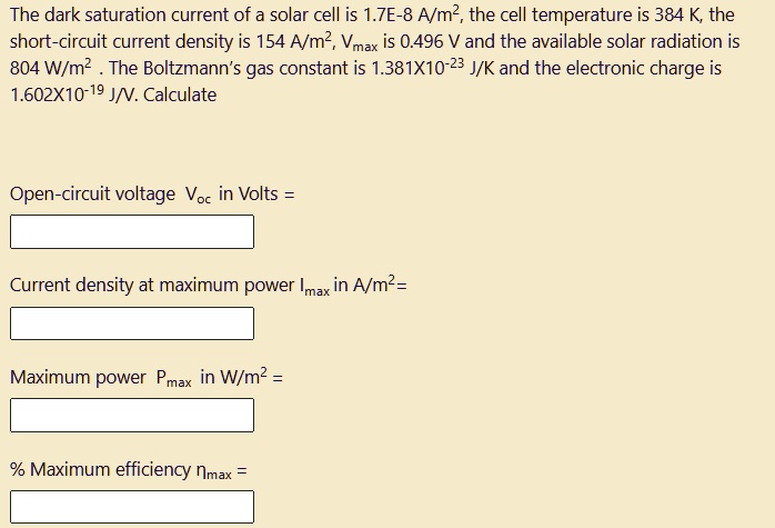 SOLVED: The dark saturation current of a solar cell is 1.7E-8 A/mÂ² ...