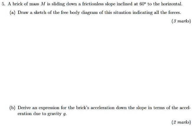 SOLVED: A brick of mass M is sliding down frictionless slope inclined at 60" to the horizontal ...