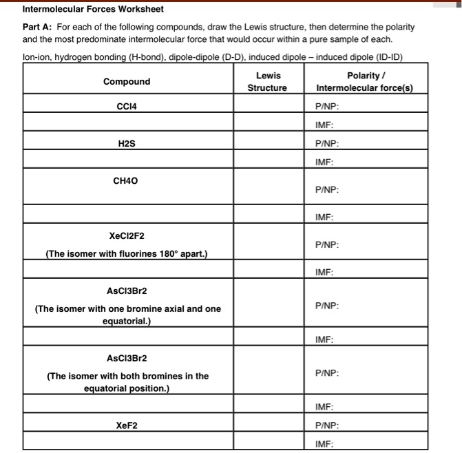 Intermolecular Forces Worksheet Part A: For each of the following ...