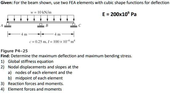 Given: For the beam shown, use two FEA elements with cubic shape functions for deflection w = 10 ...