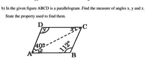 SOLVED: 'In the given figure ABCD is a parallelogram .Find the measure of angles x, y and z ...