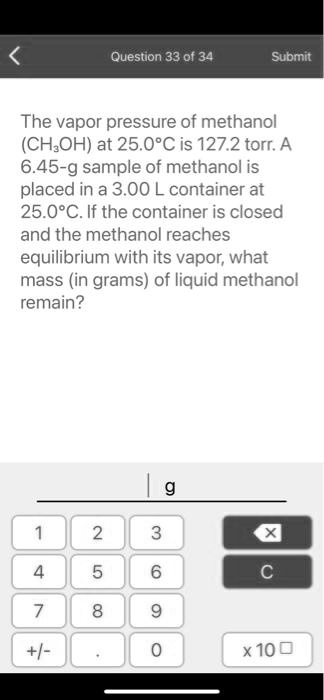SOLVED: The vapor pressure of methanol (CH3OH) at 25.0Â°C is 127.2 torr ...