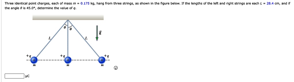 SOLVED: Three identical point charges each of mass m 0.175 kg hang from three strings, as shown ...