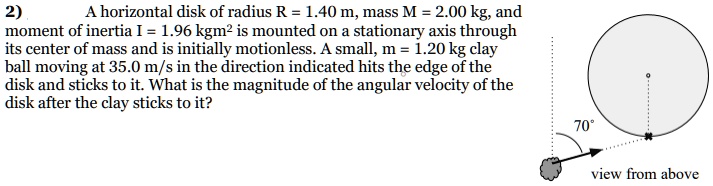 SOLVED: horizontal disk of radius R = 1.40 m mass M = 2.00 kg; and moment of inertia I = 1.96 ...