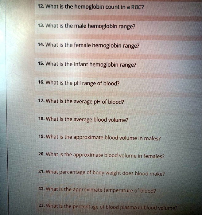 SOLVED: 12. What is the hemoglobin count in a RBC? 13. What is the male ...