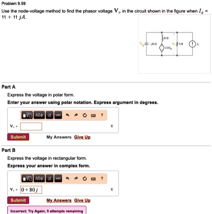 SOLVED: Problem 9.59 Use the node-voltage method to find the phasor voltage V in the circuit ...