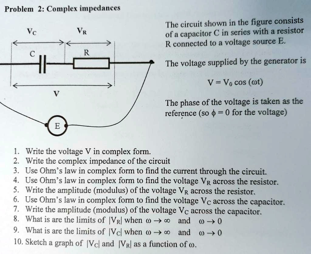 Problem 2: Complex impedances Vc VR C R V E The circuit shown in the figure consists of a ...