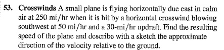 53. Crosswinds A small plane is flying horizontally due east in calm ...