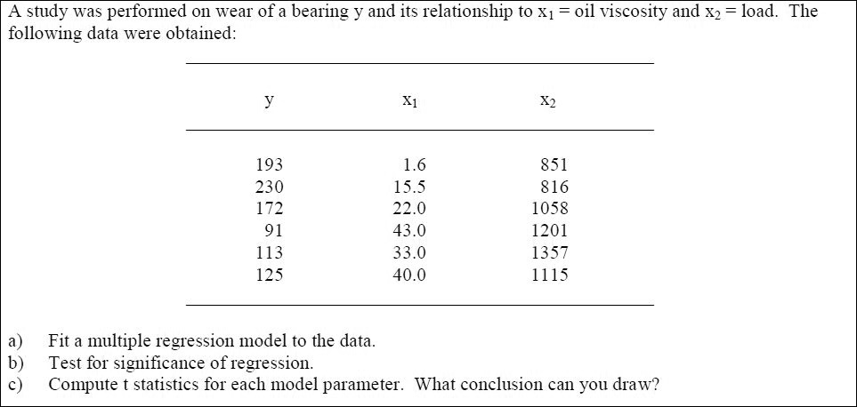 SOLVED: A study was performed on the wear of a bearing Y and its relationship to X1 oil ...