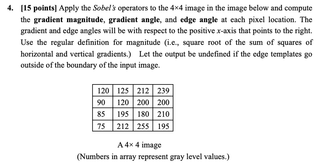 SOLVED: Apply the Sobel's operators to the 4x4 image in the image below and compute the gradient ...