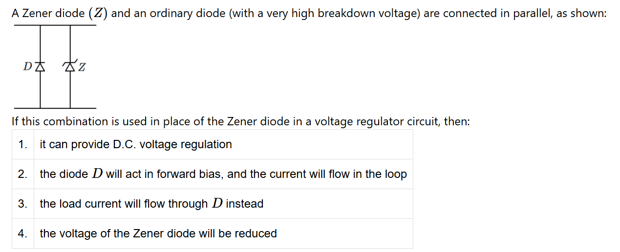 A Zener diode (Z) and an ordinary diode (with a very high breakdown ...