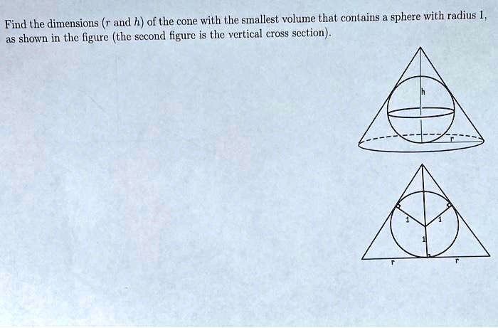 SOLVED: Find the dimensions (r and h) of the cone with the smallest ... SOLVED: Find the dimensions (r and h) of the cone with the smallest ...