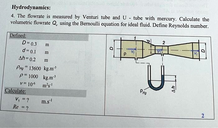 SOLVED: Hydrodynamics: 4. The flow rate is measured by a Venturi tube ...