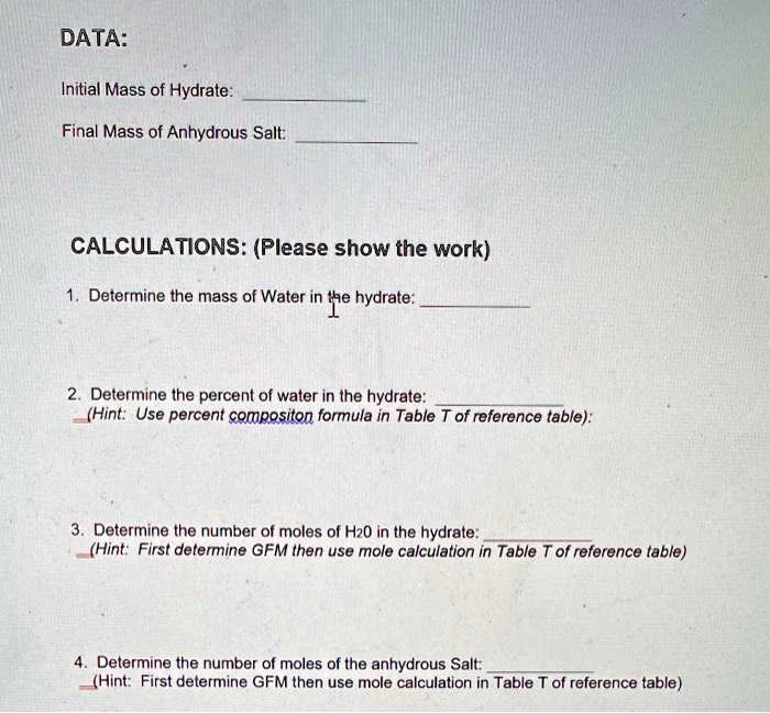 DATA: Initial Mass of Hydrate: Final Mass of Anhydrous Salt ...