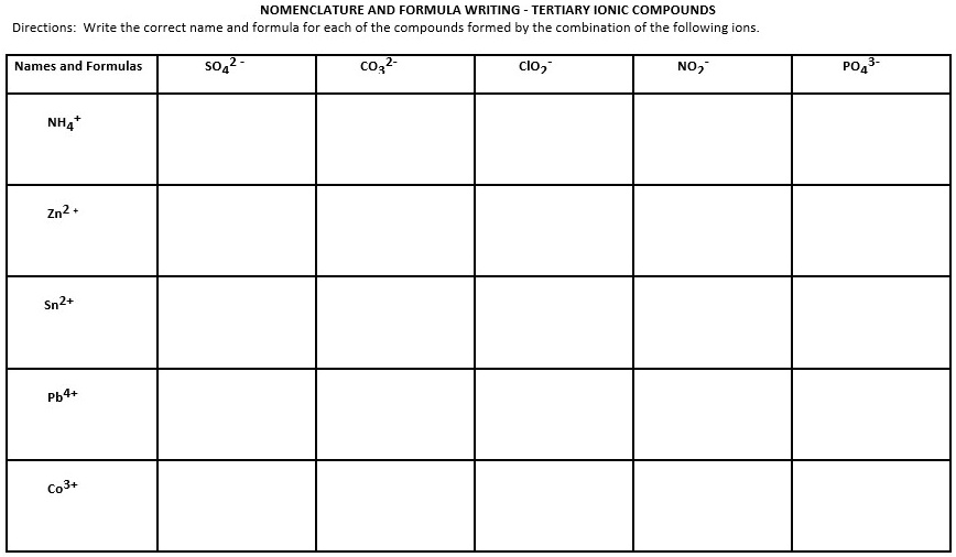 SOLVED: Nomenclature and Formula Writing - Tertiary Ionic Compounds Give the correct name and ...