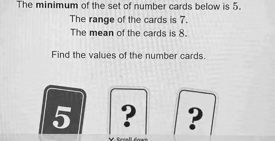 The minimum of the set of number cards below is 5. The range of the ...