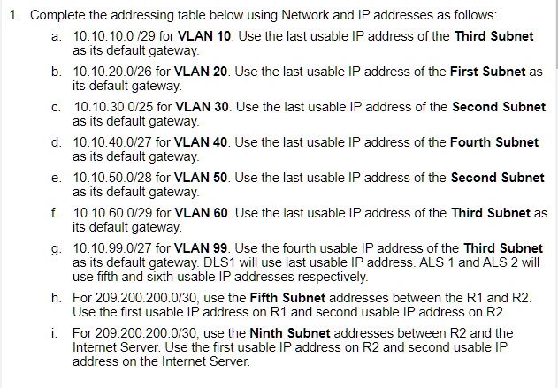 1. Complete the addressing table below using Network and IP addresses as follows: a. 10.10.10.0 ...