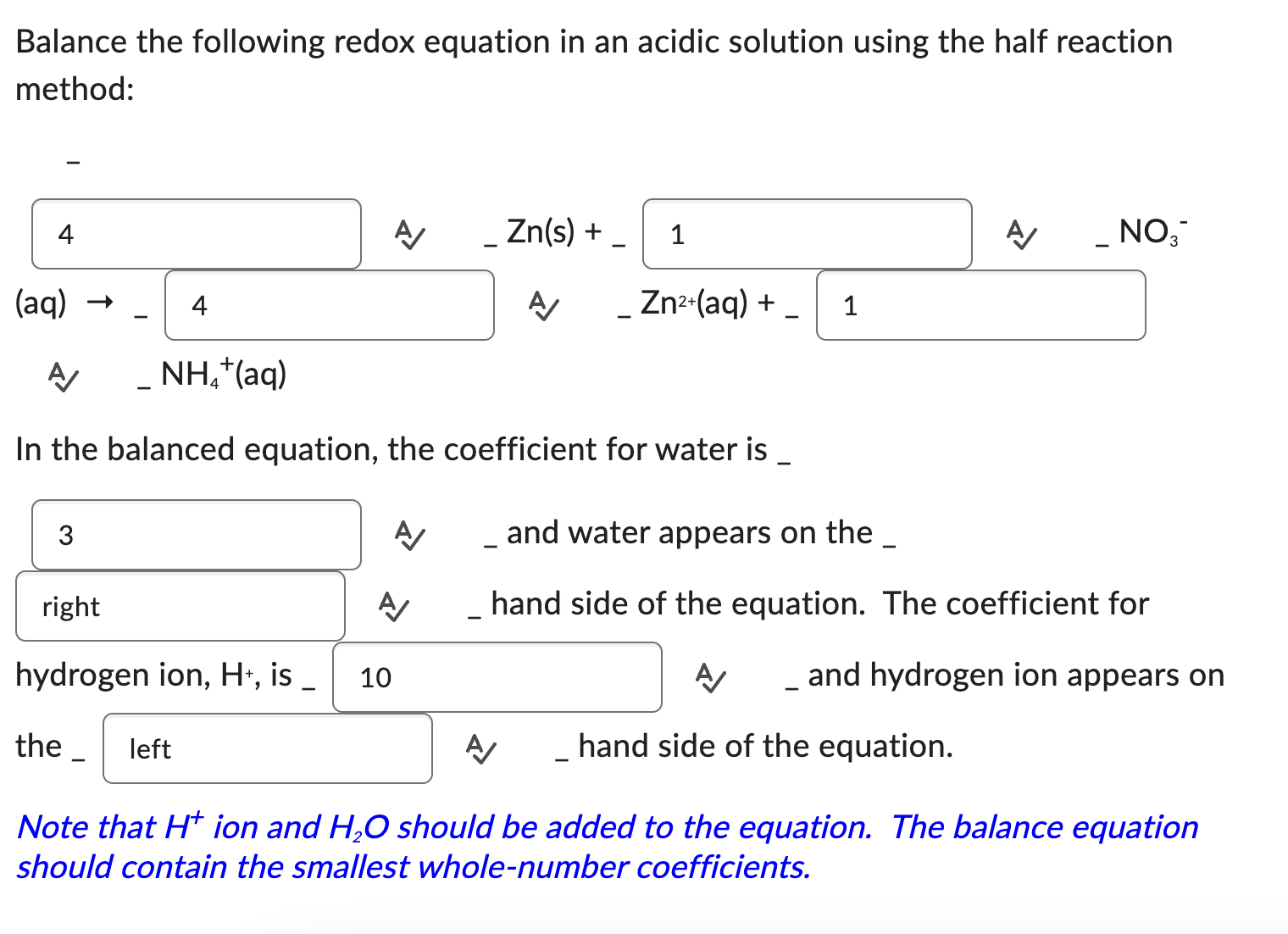 Balance the following redox equation in an acidic solution using the half reaction method: In ...
